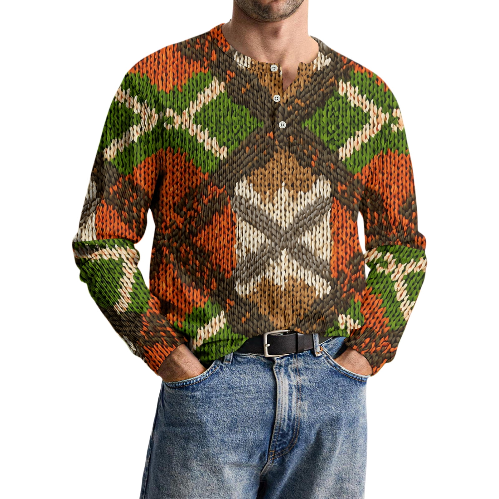 Christmas Henley Tops for Men Retro Xmas Printed Long Sleeve Quarter ...