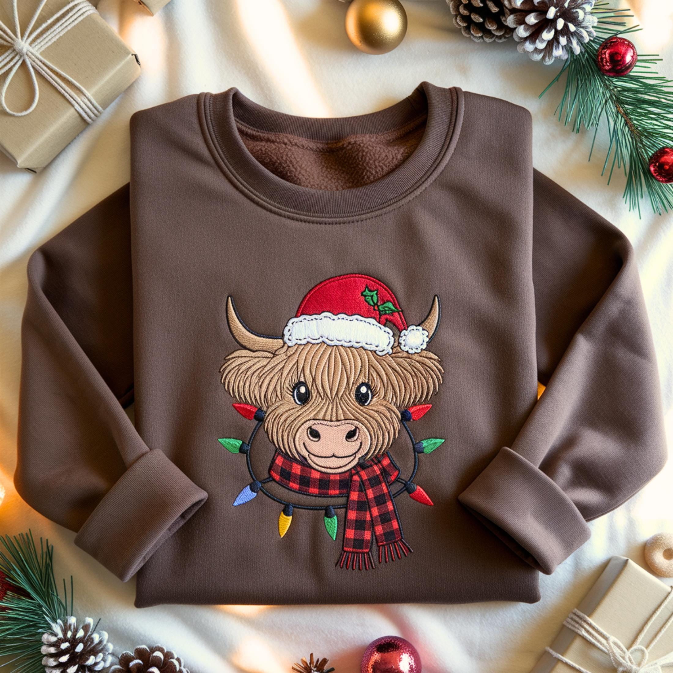 Christmas Highland Cow Embroidered Sweatshirt | Santa Hat Buffalo ...