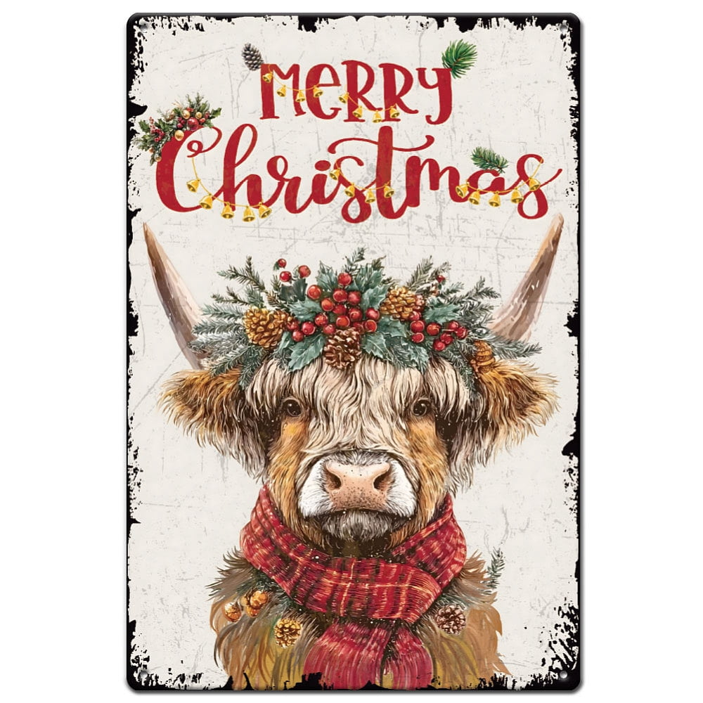 Christmas Highland Cow Metal Signs Highland Yak Tin Sign Metal Wall ...