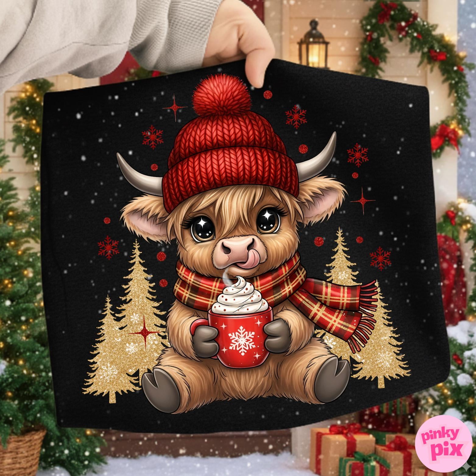 Christmas Highland Cow PNG: Cozy Winter Calf with Cocoa Sublimation ...
