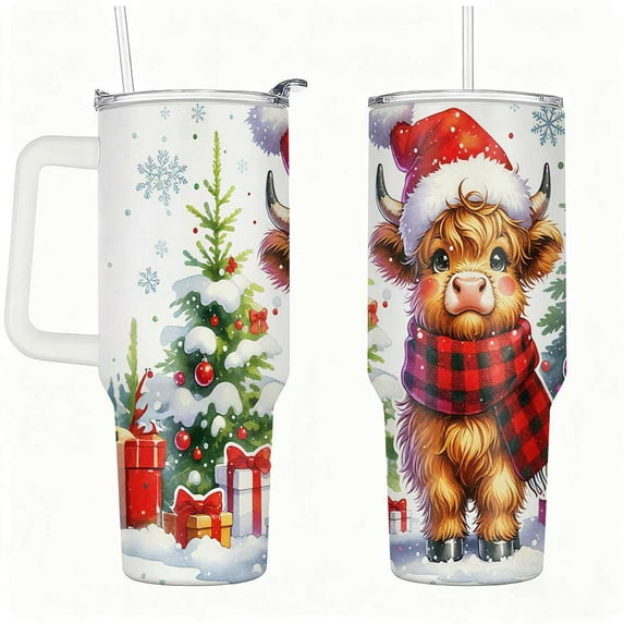 Christmas Highland Cow Tumbler with Lid and Straw, Holiday Insulated ...
