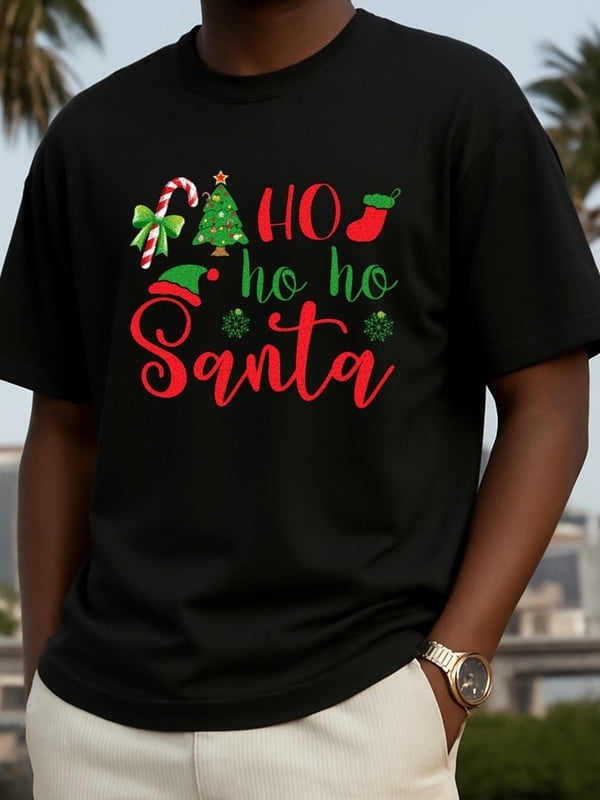 Christmas Ho Ho Ho Christmas print plain men's 180G 100% Cotton black ...