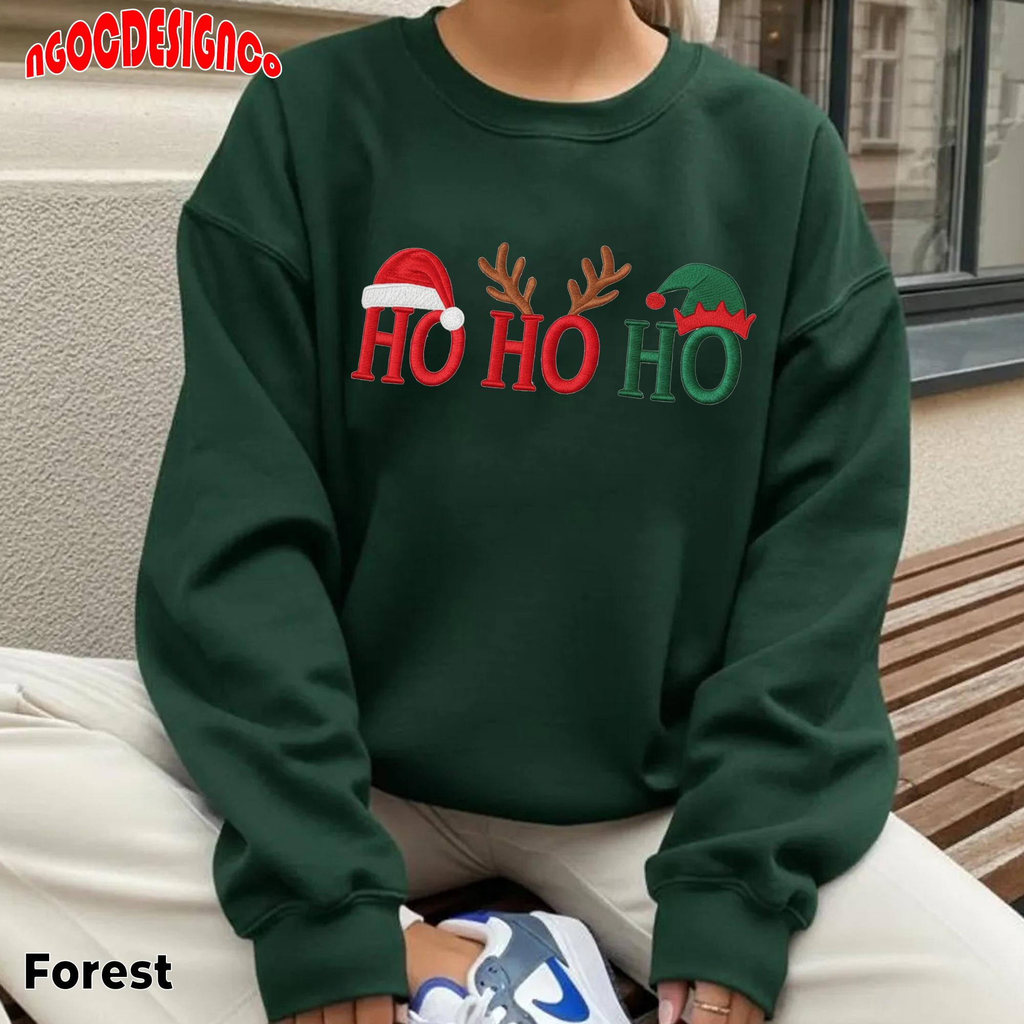 Christmas Ho Ho Ho Embroidered Sweatshirt, Santa Reindeer and Elves ...