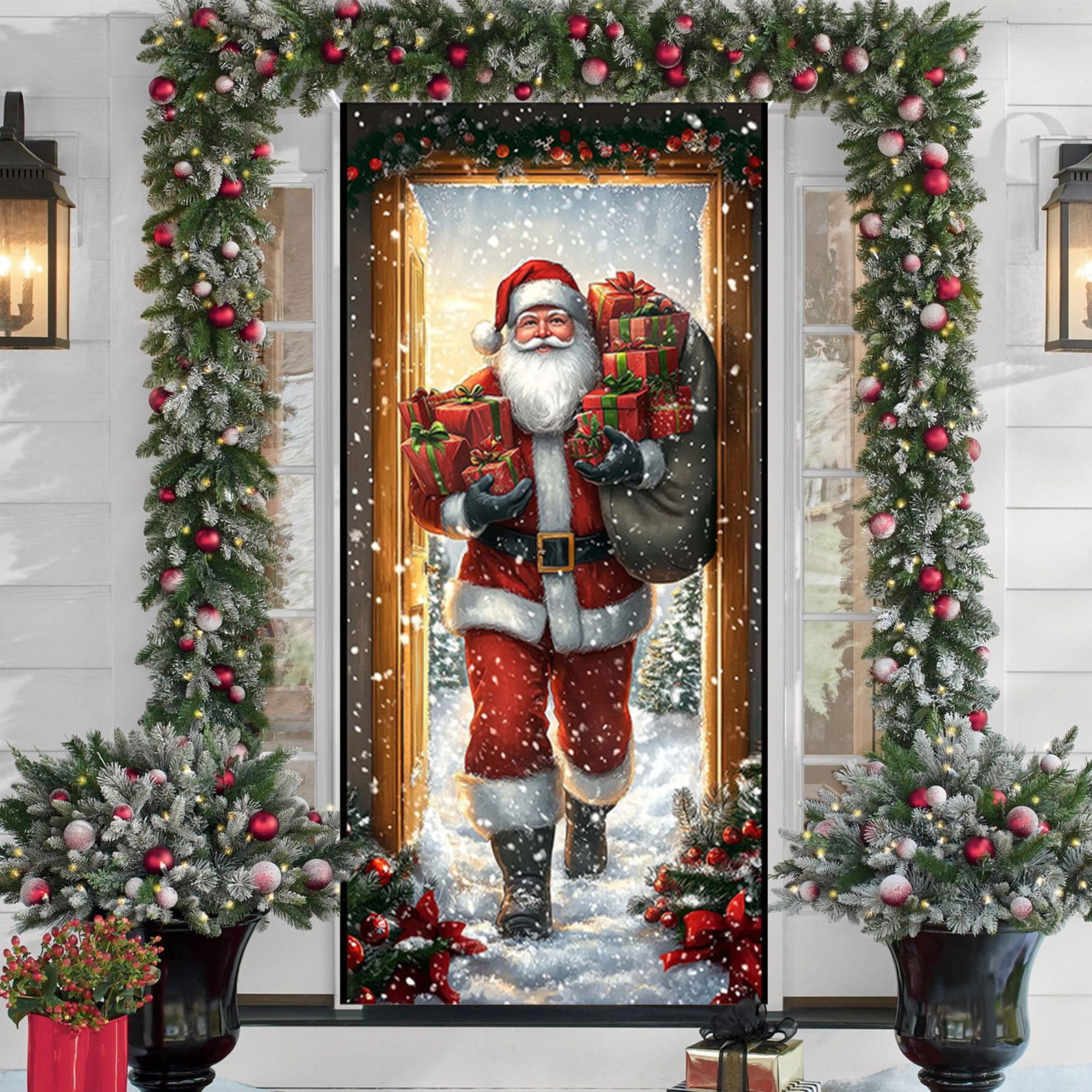 Christmas Holiday Door Decor with Santa Motif, 35x71 Inch Door Cover ...