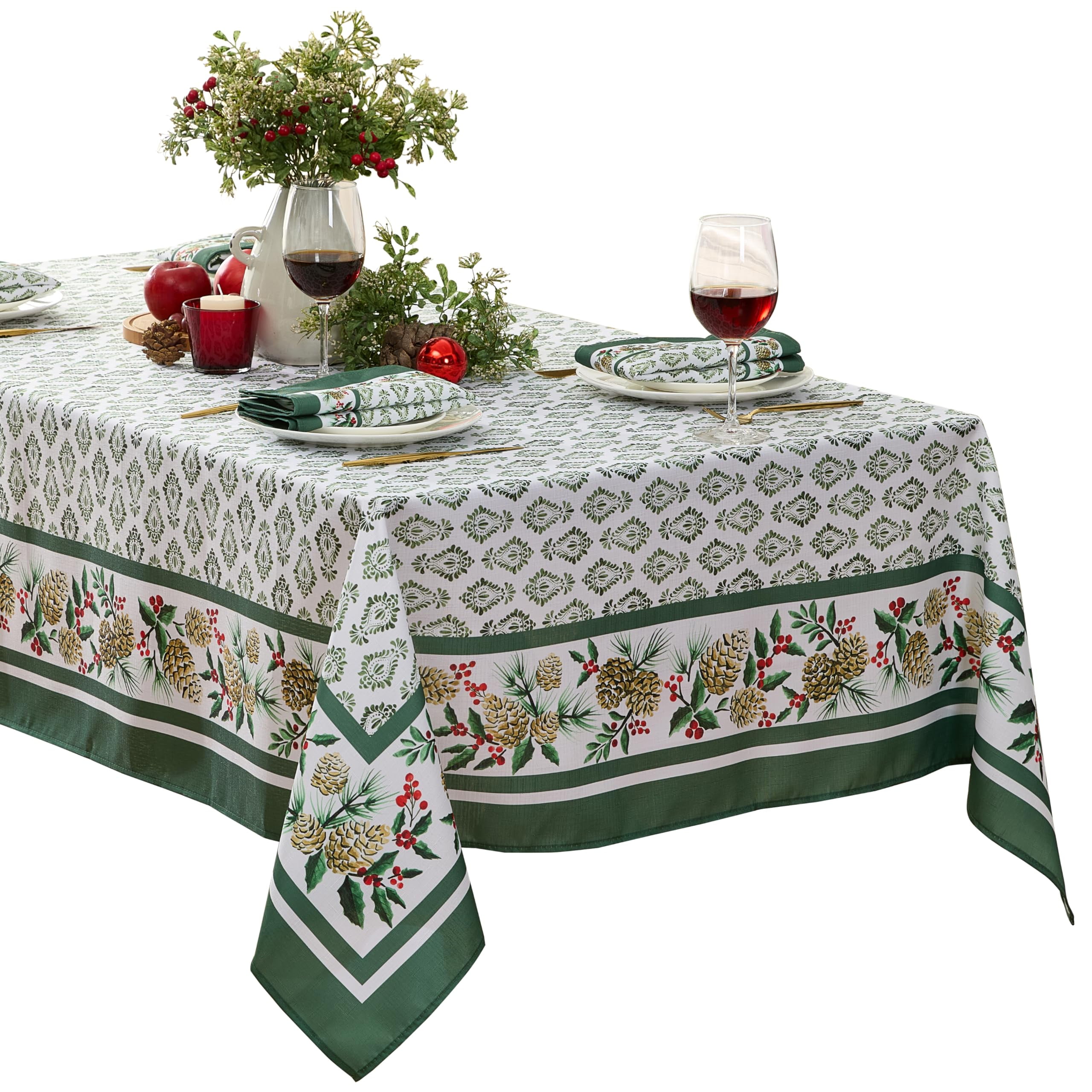 Christmas Holiday Holly Pinecone Hunter Green Border 60 x 102 inch ...