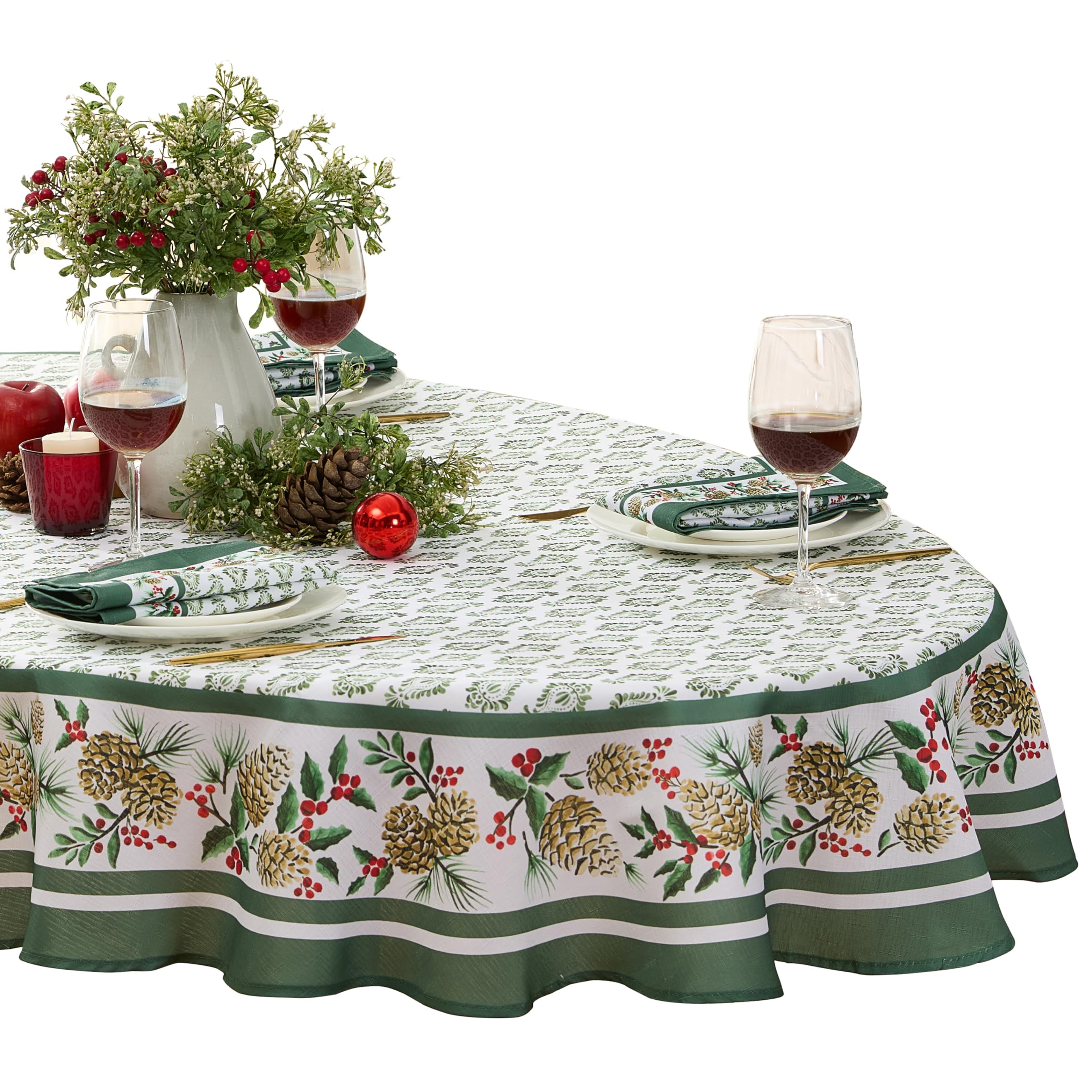 Christmas Holiday Holly Pinecone Hunter Green Border 60 x 84 inch Oval ...