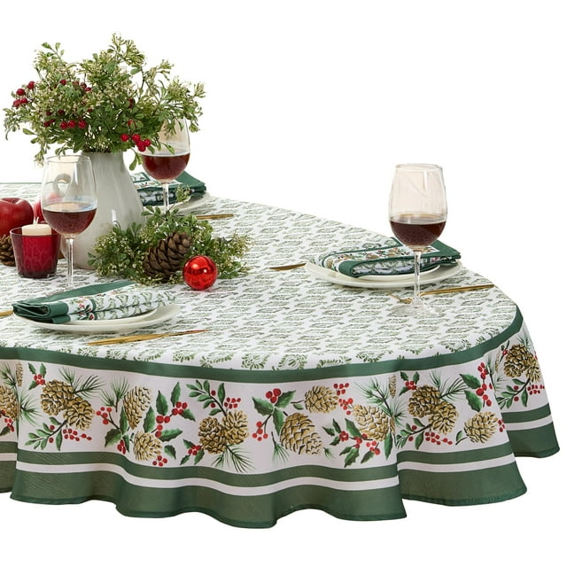 Christmas Holiday Holly Pinecone Hunter Green Border 60 x 84 inch Oval ...