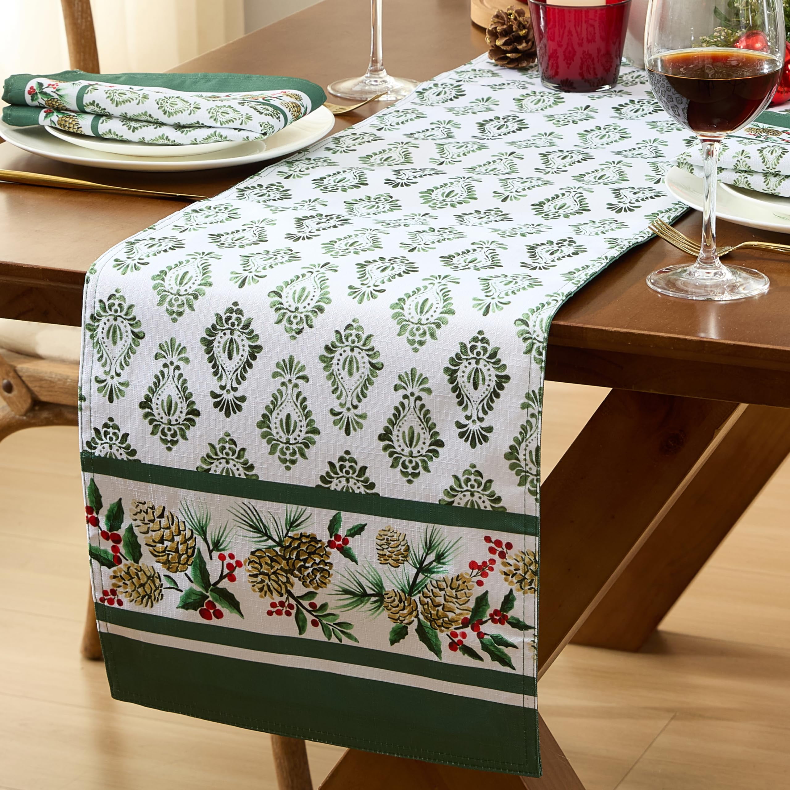 Christmas Holiday Holly Pinecone Hunter Green Border 70 inch Long ...