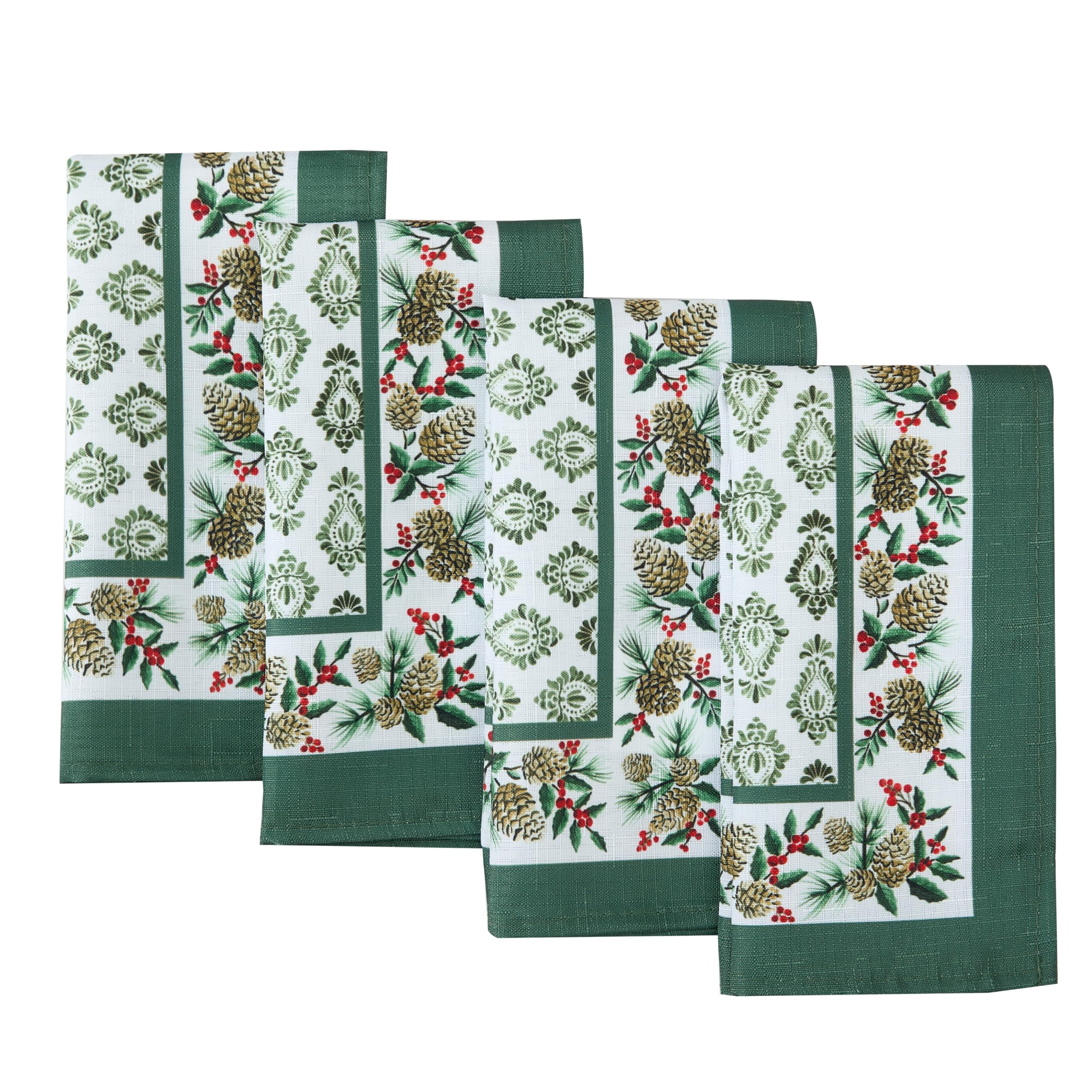 NEWBRIDGE Christmas Holiday Holly Pinecone Set of 4 Fabric Napkins ...