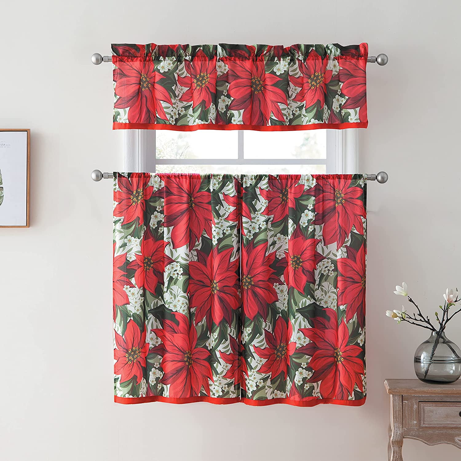 Christmas Holiday Kitchen Curtains: Pretty Poinsettia Floral Pattern ...