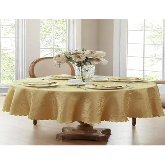 Christmas Holiday Portofino Scalloped Damask Fabric Tablecloth, 60 x ...