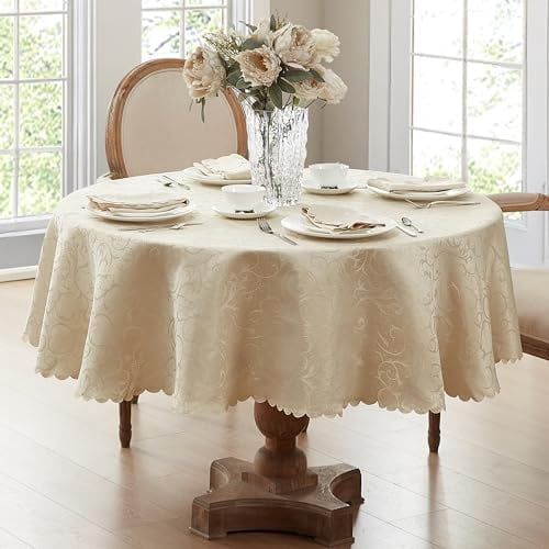 Christmas Holiday Portofino Scalloped Damask Fabric Tablecloth, 70 Inch ...