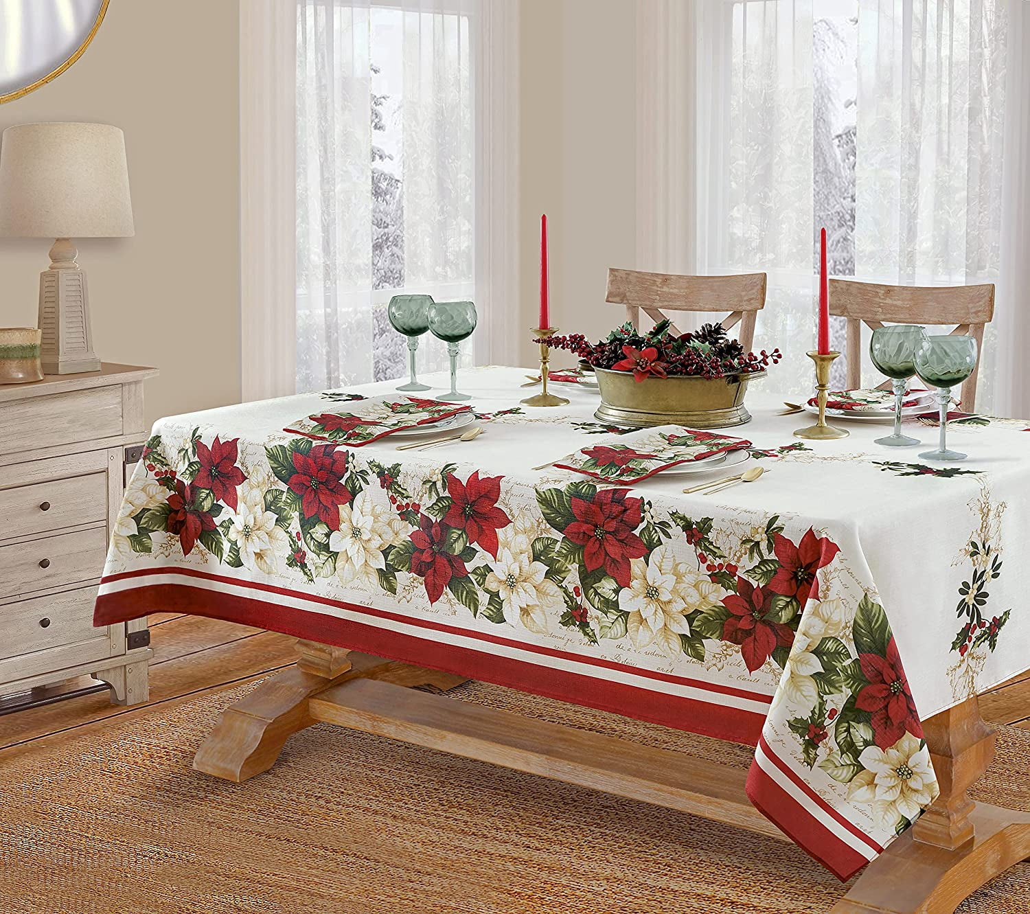 Christmas Holiday Presley Red and White Poinsettia Bordered 60 x 120 ...