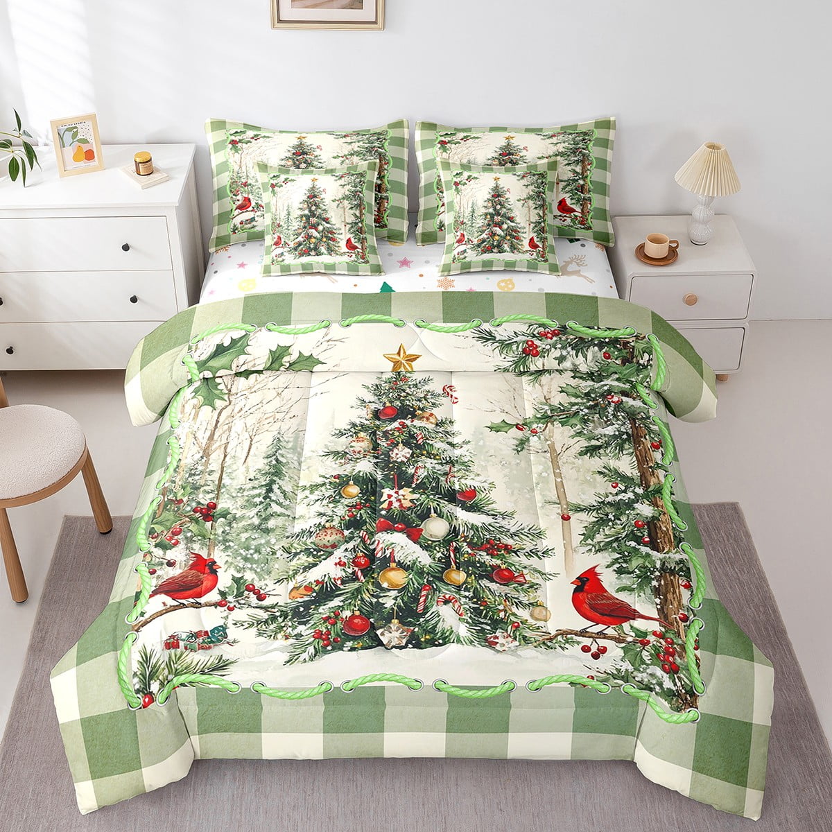 Christmas Holiday Queen Comforter Set 7 Piece,Xmas Tree Bed In A Bag ...