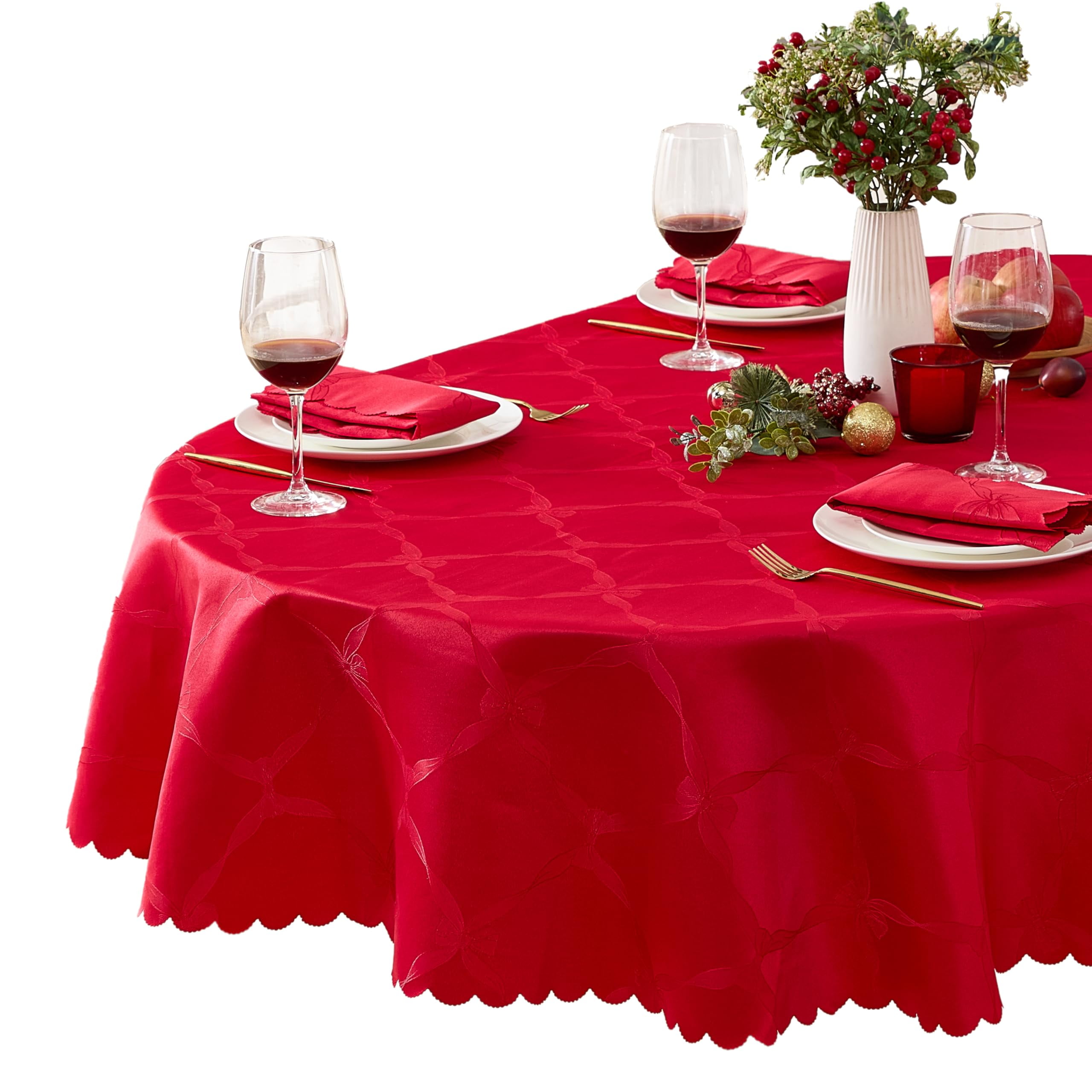 Christmas Holiday Red Ribbons and Bows Damask 60 x 84 inch Oval Fabric ...