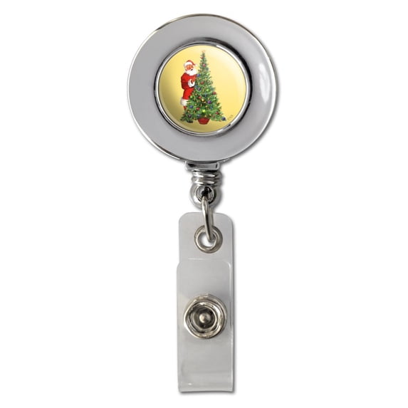 Christmas Holiday Santa Decorating Tree Retractable Reel Chrome Badge ...