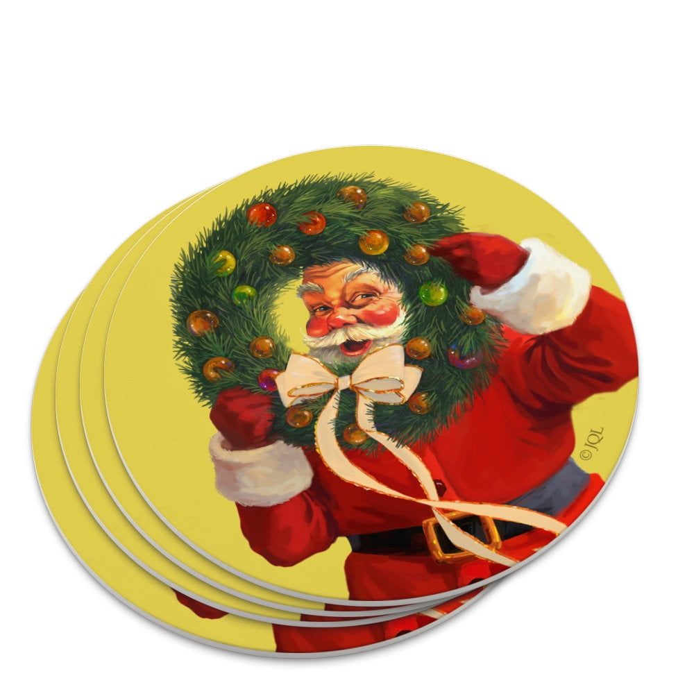 Christmas Holiday Santa Wreath Ribbon Swirl Novelty Coaster Set ...