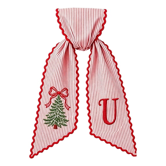 Christmas Holiday Sash With Embroidered Letter And Tree Pattern Red