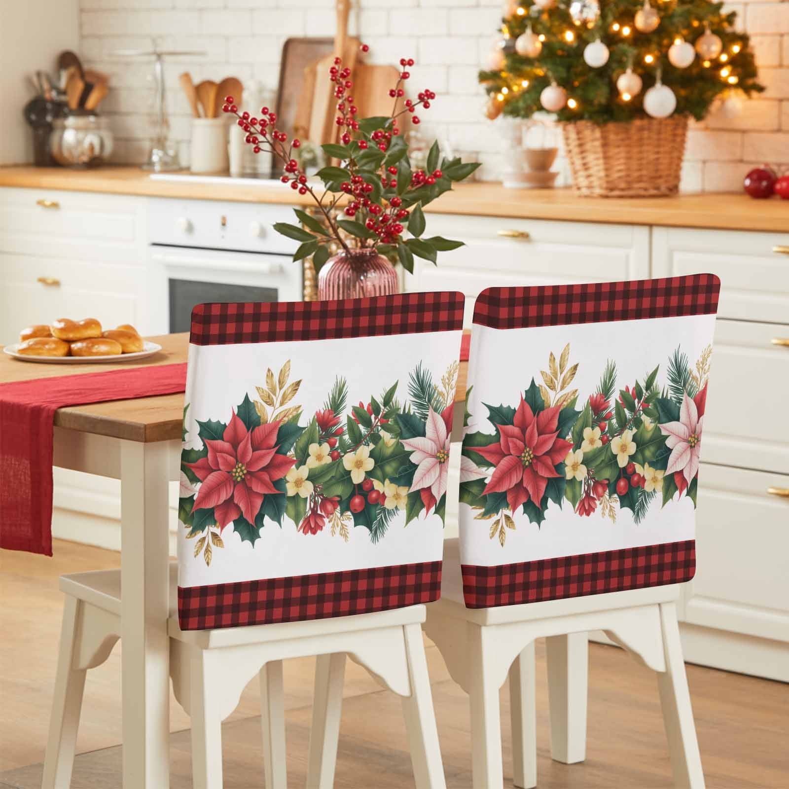 Christmas Holly Chair Back Covers Set of 6, Leaf Poinsettia Floral ...