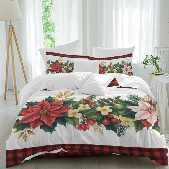 Christmas Holly Duvet Cover Set King Size, Leaf Poinsettia Floral Linen ...