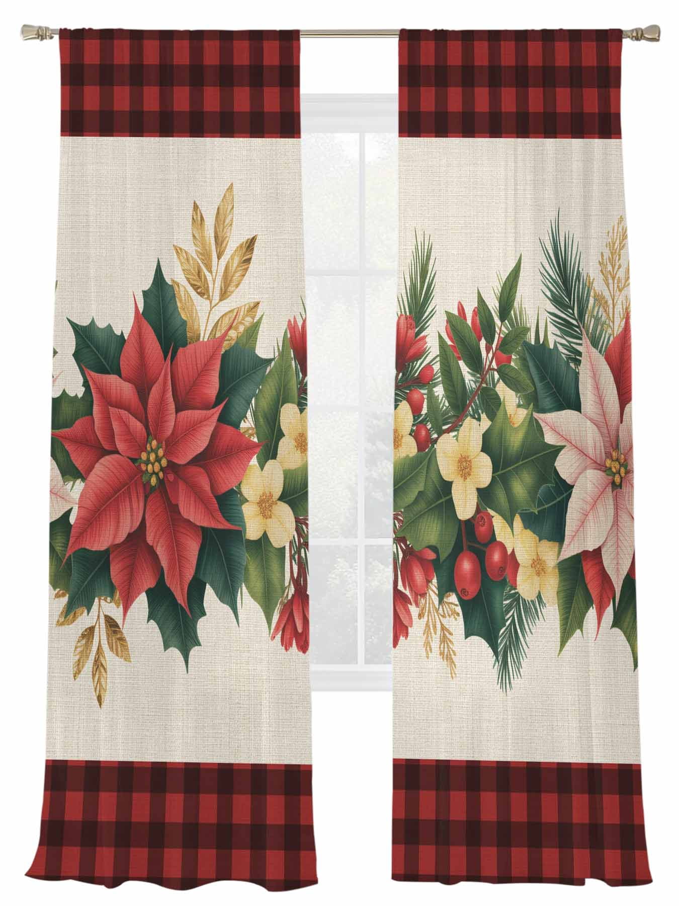 Christmas Holly Leaf Poinsettia Floral Linen Retro Red Plaid Sheer ...