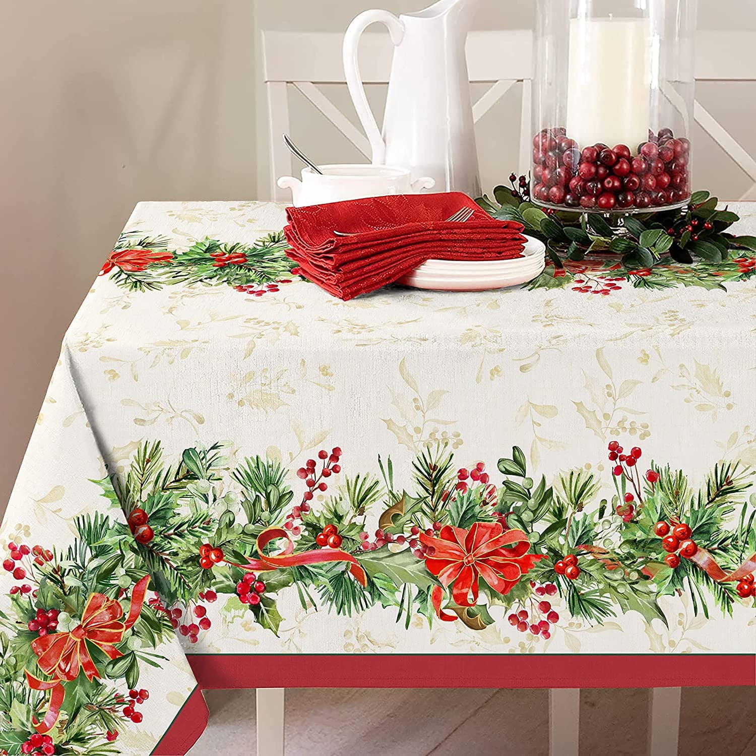 Christmas Holly Poinsettia Print Tablecloth Waterproof Berry Red Ribbon ...