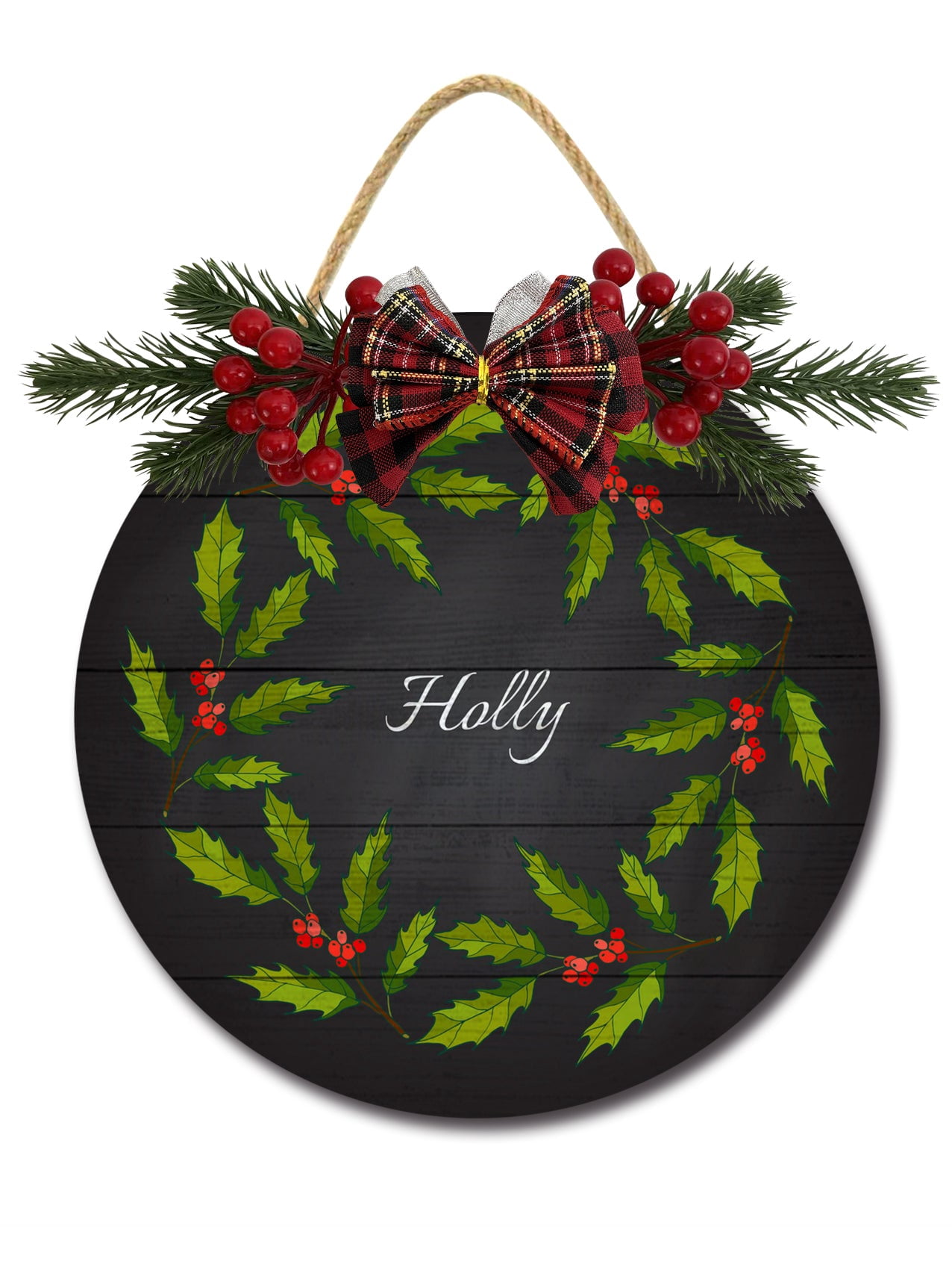Christmas Holly Sign Front for Door Decoration, 12 in Round Wood ...
