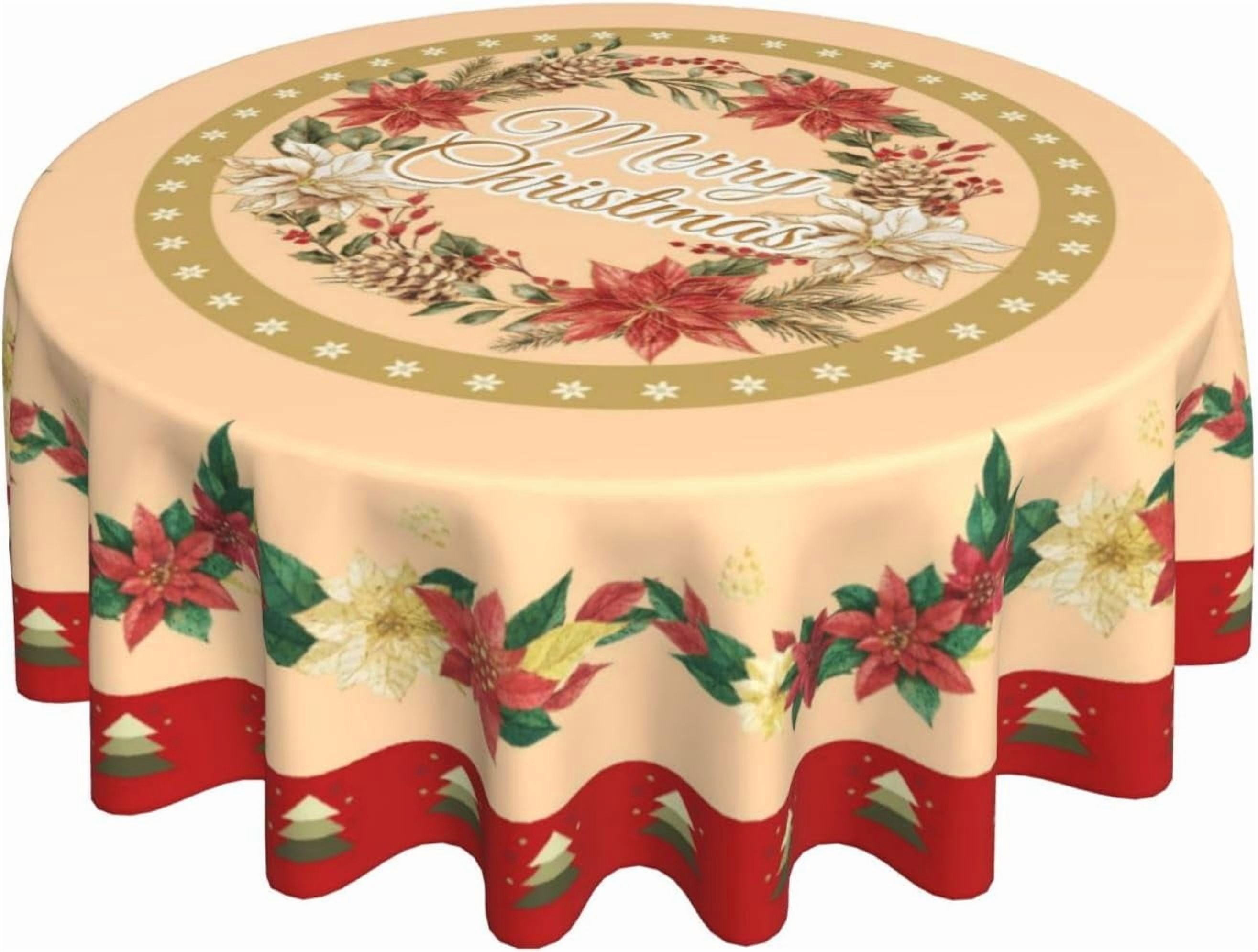 Christmas Holly Tablecloth Round 60 Inch Floral Snowflake Pine Cones ...