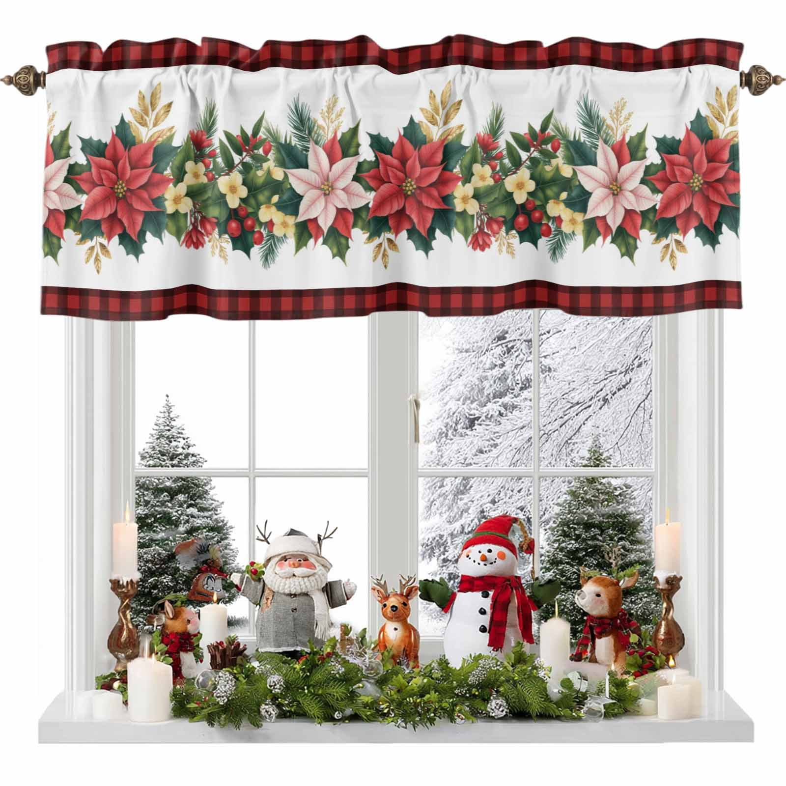 Christmas Holly Valance Curtain for Windows Leaf Poinsettia Floral ...