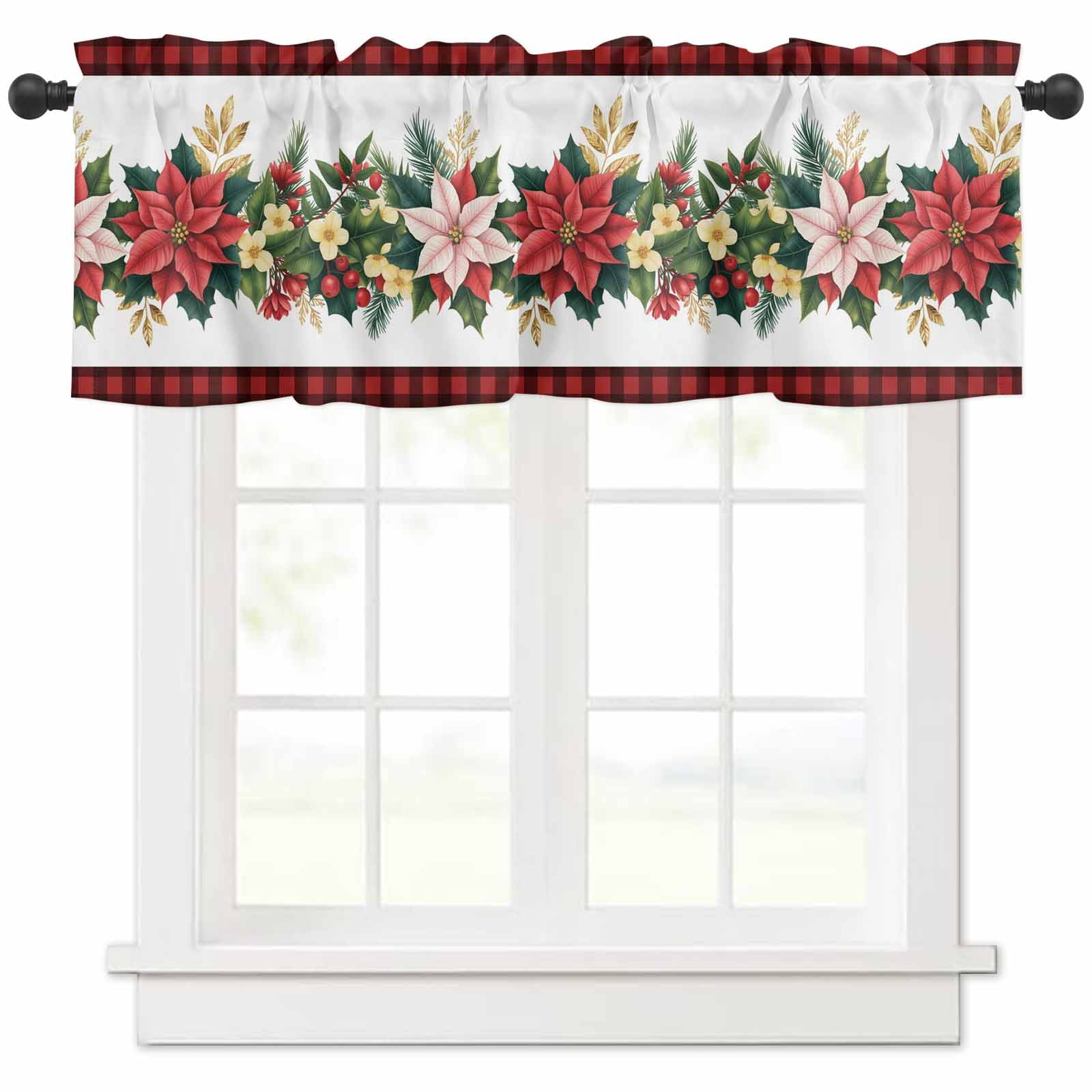 Christmas Holly Valances for Windows, Leaf Poinsettia Floral Linen Red ...