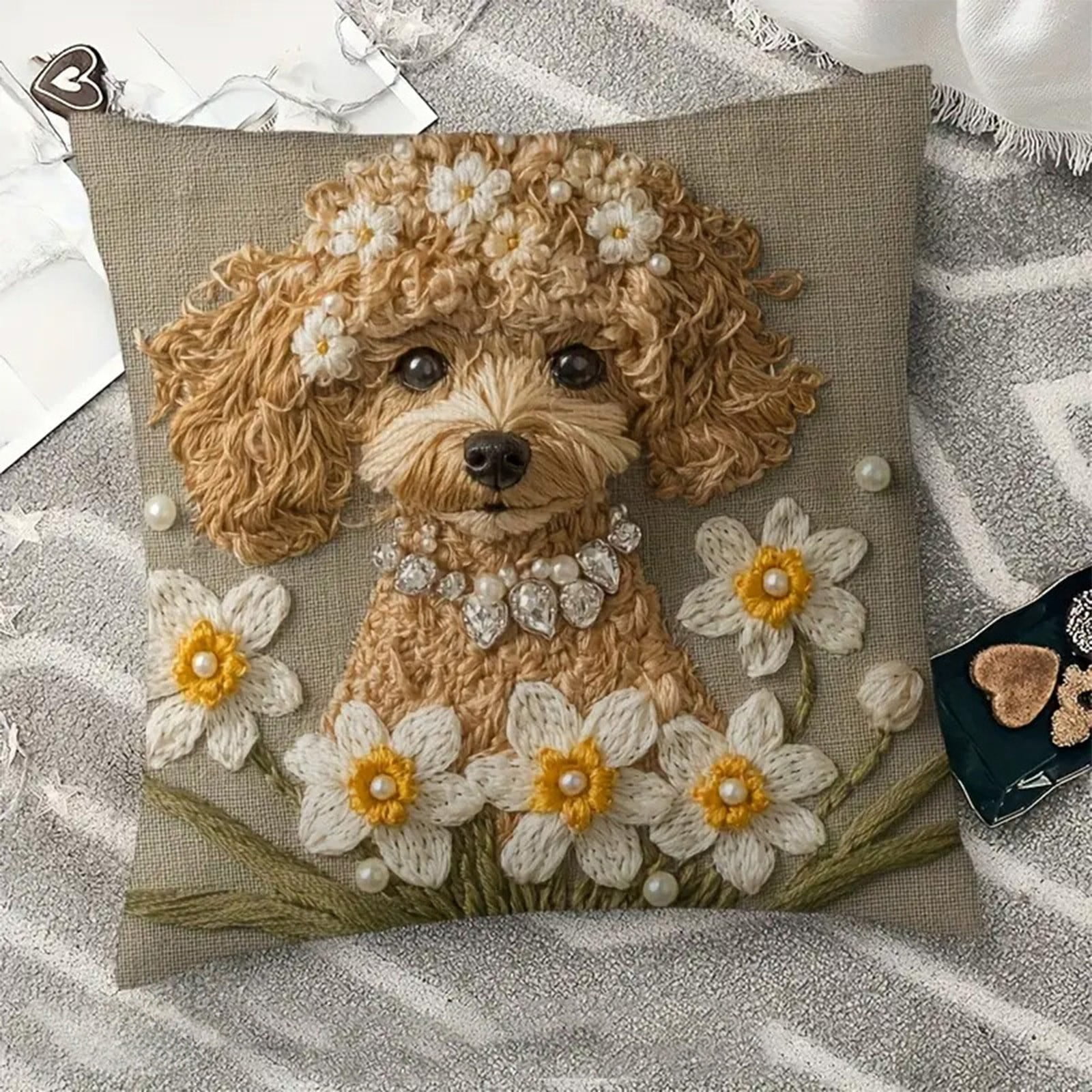 Short Lint Pillow Cover 18inch Cute Dog Embroidery Decorative Throw ...