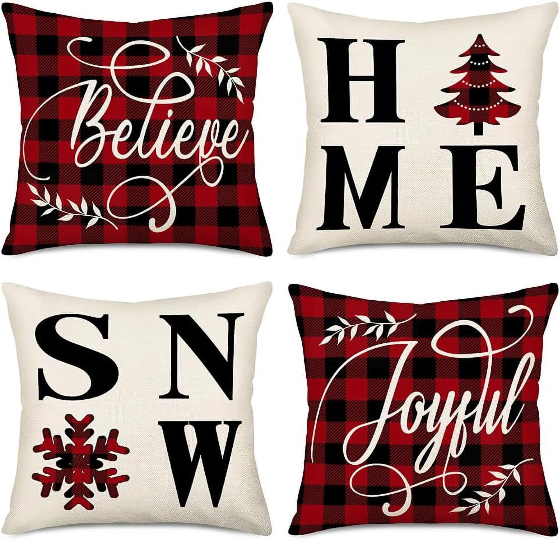 Christmas Home Snow Throw Pillow Covers Red and Black Buffalo Plaid ...