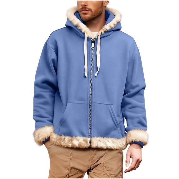 Christmas Hoodie Men Fuzzy Sherpa Solid Faux Fur Trim Sweatshirts Long ...