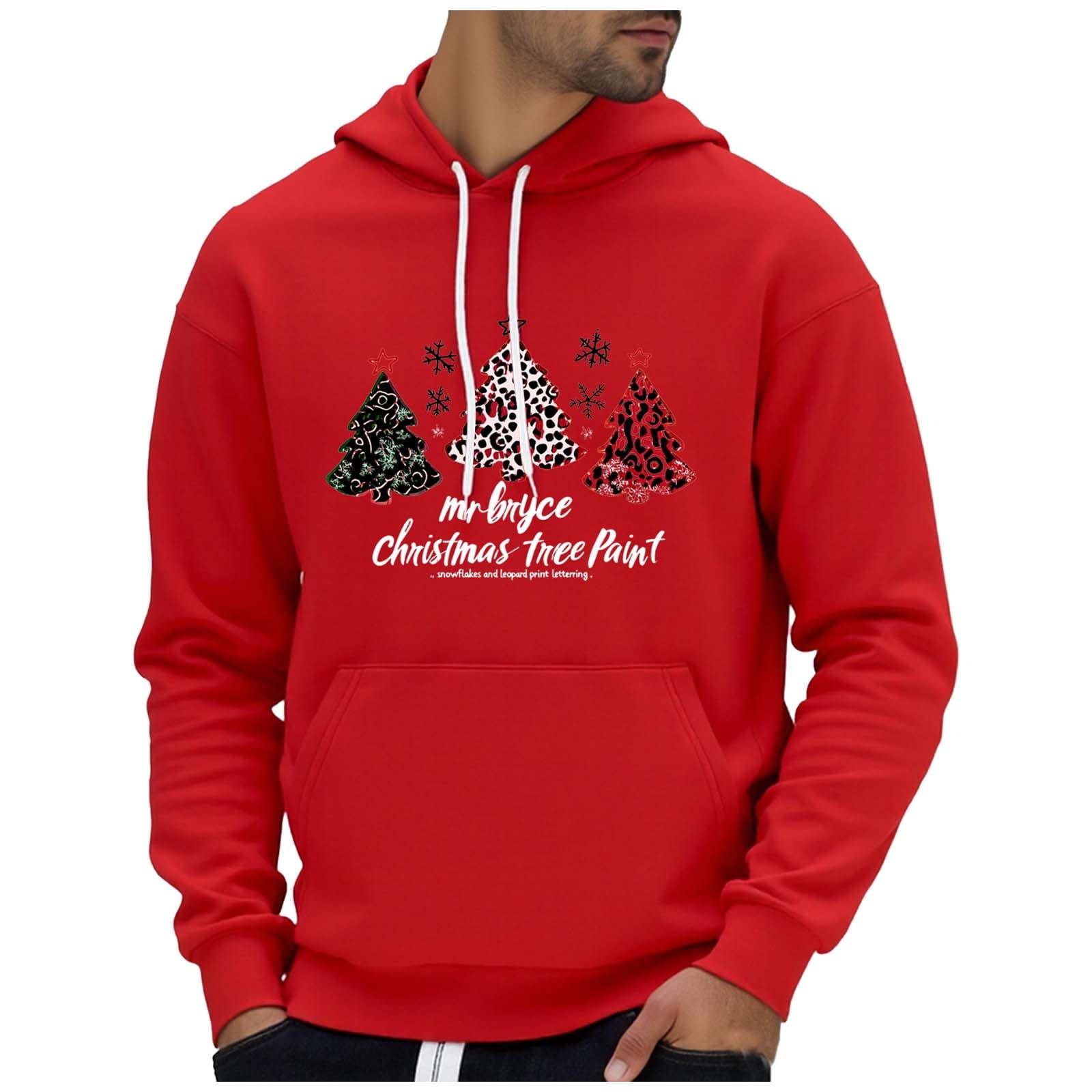 Christmas Hoodies For Men Drawstring Xmas Tree Print Pullover Tops With ...