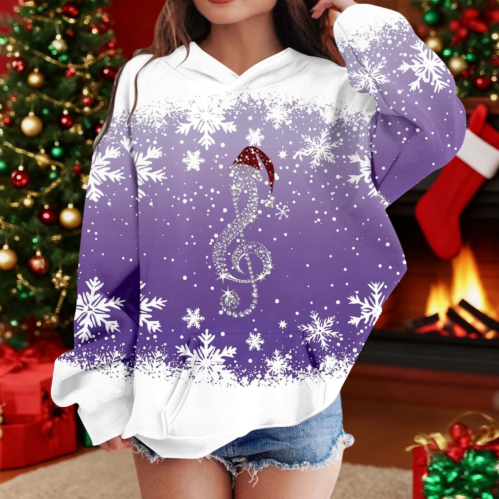 Christmas Hoodies Girls Hooded Pullover Sweatshirt Long Sleeve Cute ...