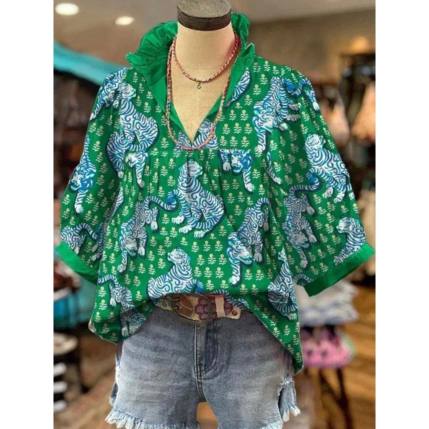 Christmas Hottest! Casual Shirt With Green Tiger Print, Ruffled Collar ...