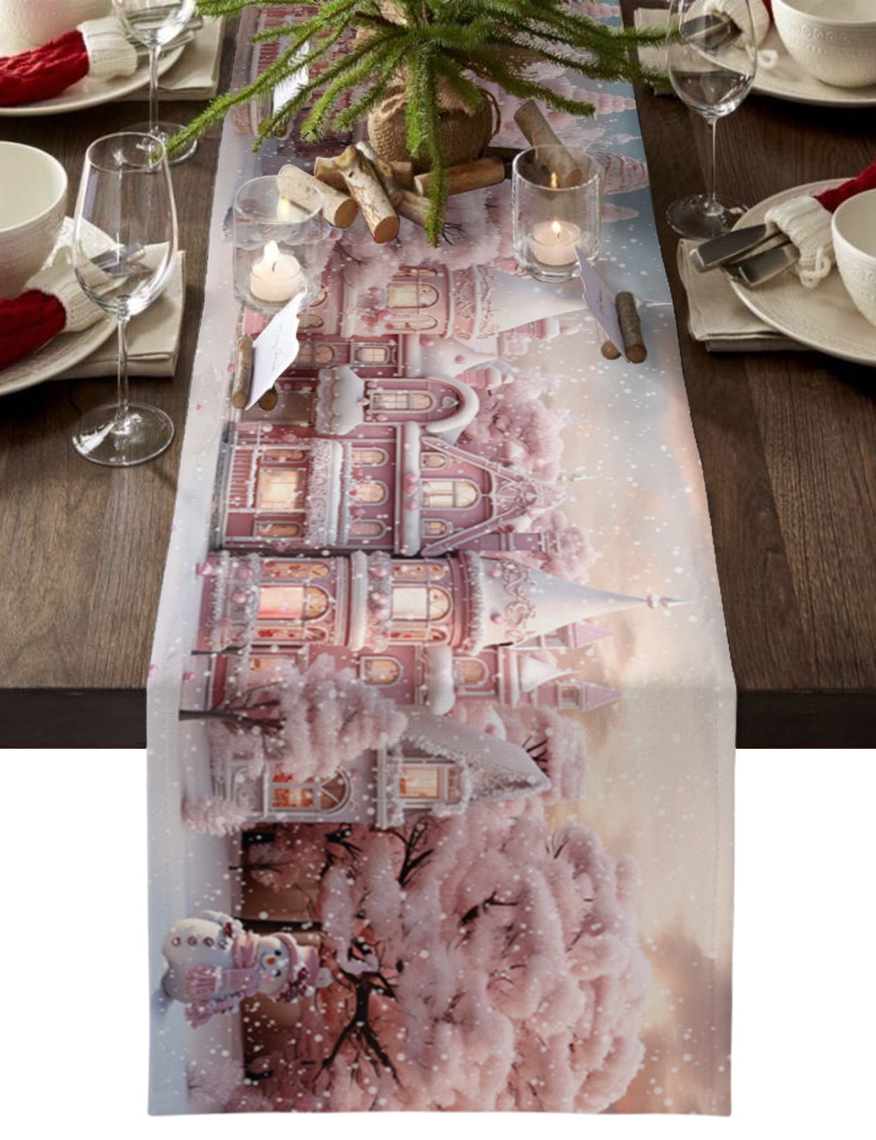 Christmas House, Table Runner Blush Pink Romantic Snowflake ...