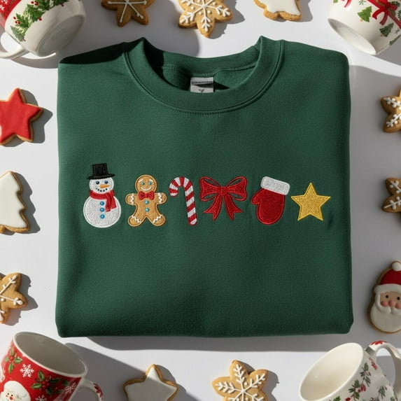 Christmas Icon Line embroidered hoodie, Cute Holiday Icons Crewneck ...