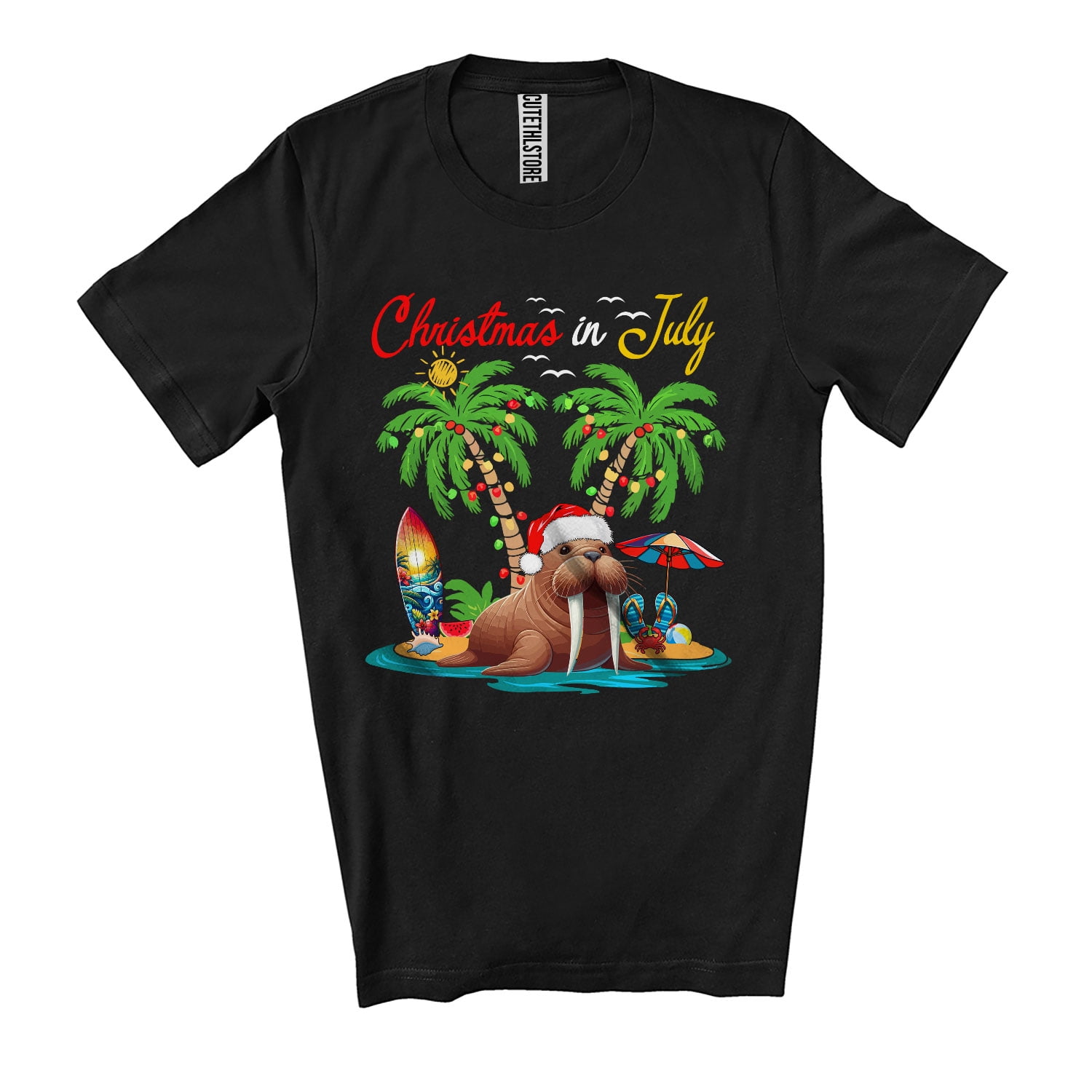 Christmas In July; Adorable Summer Vacation Santa Walrus On Beach; Sea ...