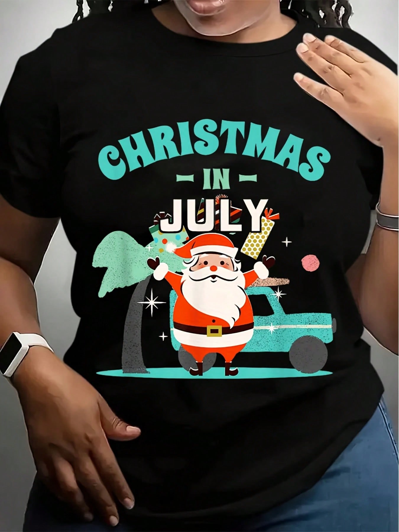 Christmas In July Santa Graphic T-Shirt, 100% Cotton Crew Neck Casual ...