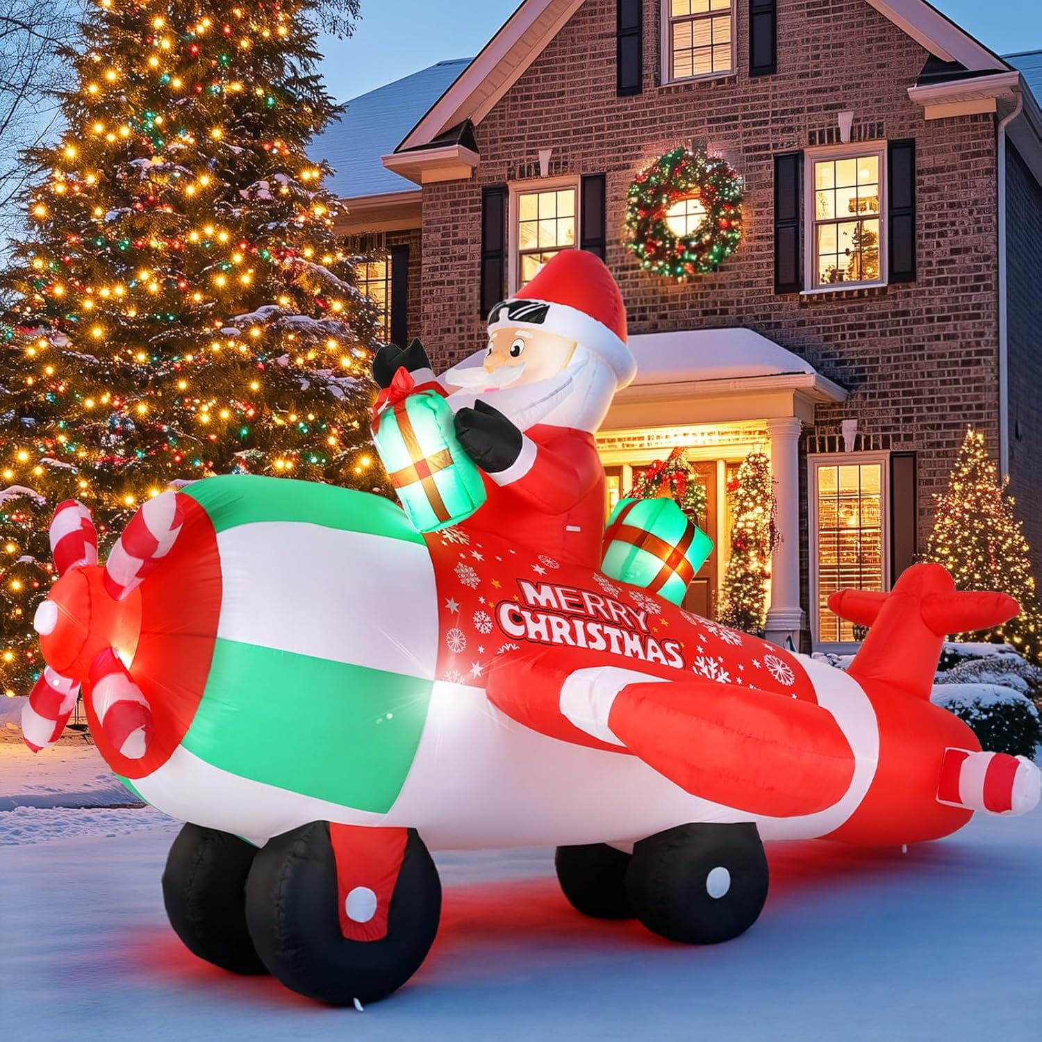 Christmas Inflatables Decorations Outdoor, 9FT Santa Airplane, Blow Up ...