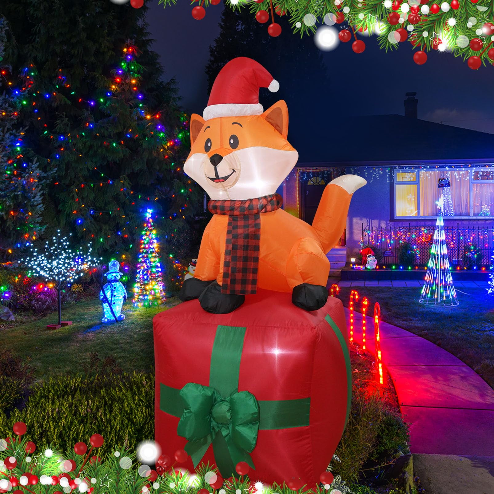 Christmas Inflatables Fox on Giftbox Lighted Yard Lawn Inflatable ...