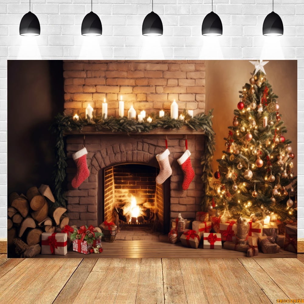 Christmas Interior Sce Backdrop Fireplace Xmas Tree Gifts Vintage Room ...