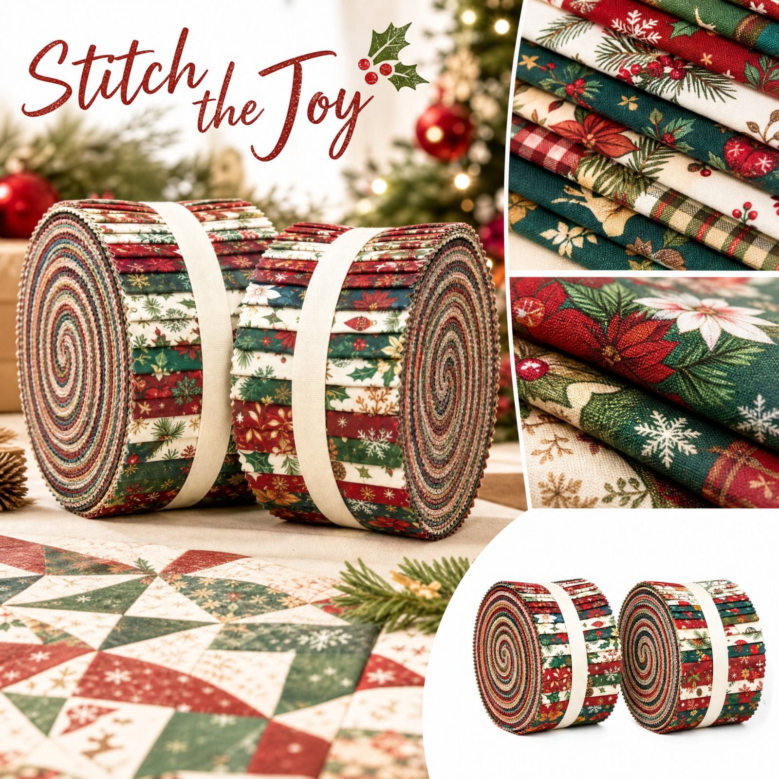 Christmas Jelly Roll Fabric Strips with Tree and Plaid Patterns, 40 Pre ...