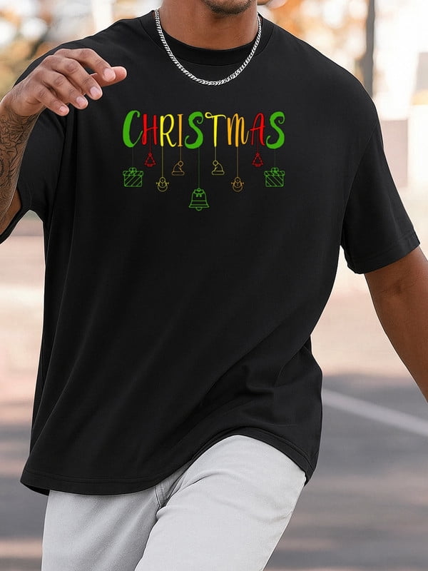 Christmas Jingle Bells t shirts plain men short graphic plus size black ...
