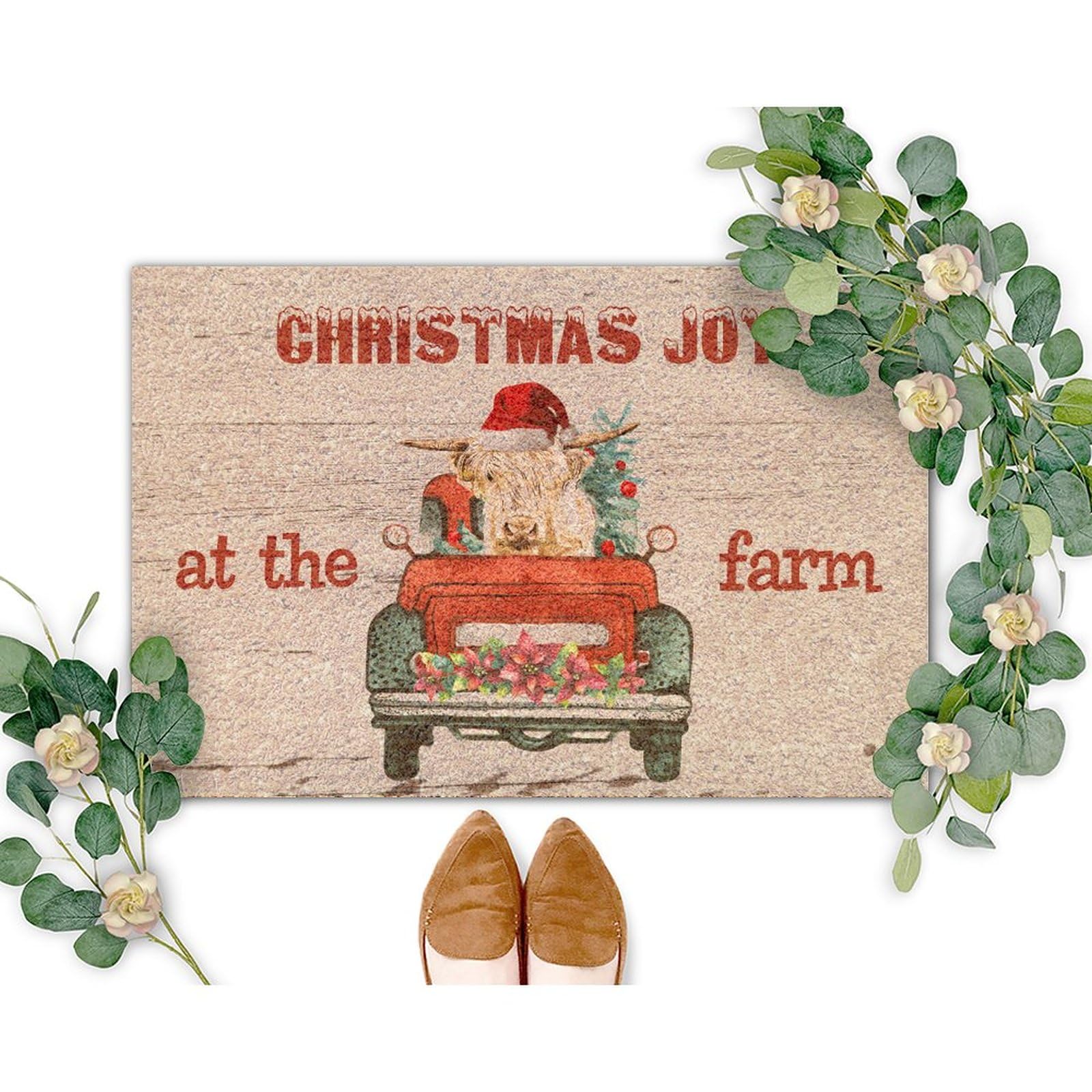 Christmas Joy at The Farm Coir Doormat Farm Cow Red Truck Door Mats Christmas is Coming ...
