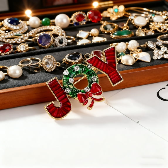 Christmas Joy Letter Brooch Rhinestone Wreath Enamel Pin Holiday Gift ...