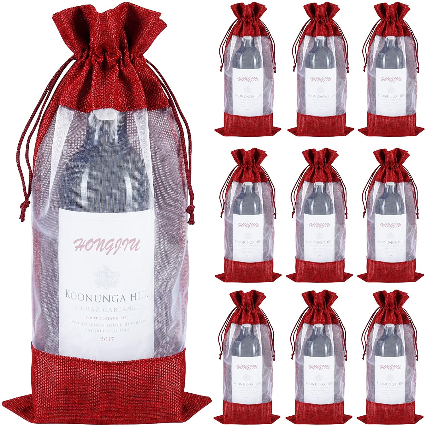 10pcs Jute Wine Bags with Organza Window, Burlap Gift Bags for Wedding ...