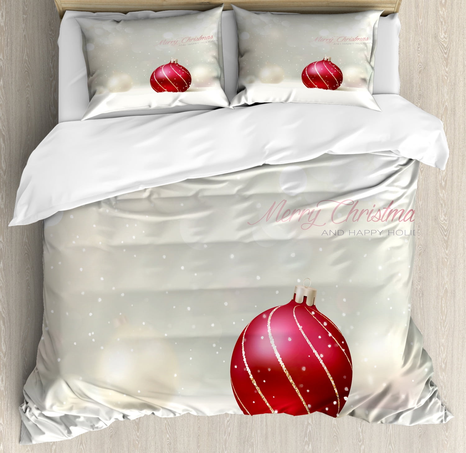 Christmas King Size Duvet Cover Set, Snow Effect Background Bauble with ...