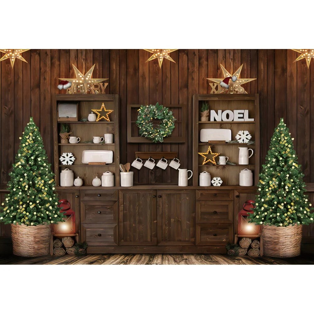 Christmas Kitchen Backdrop Kitchenware Cabinets Family Shoot XMAS Tree ...